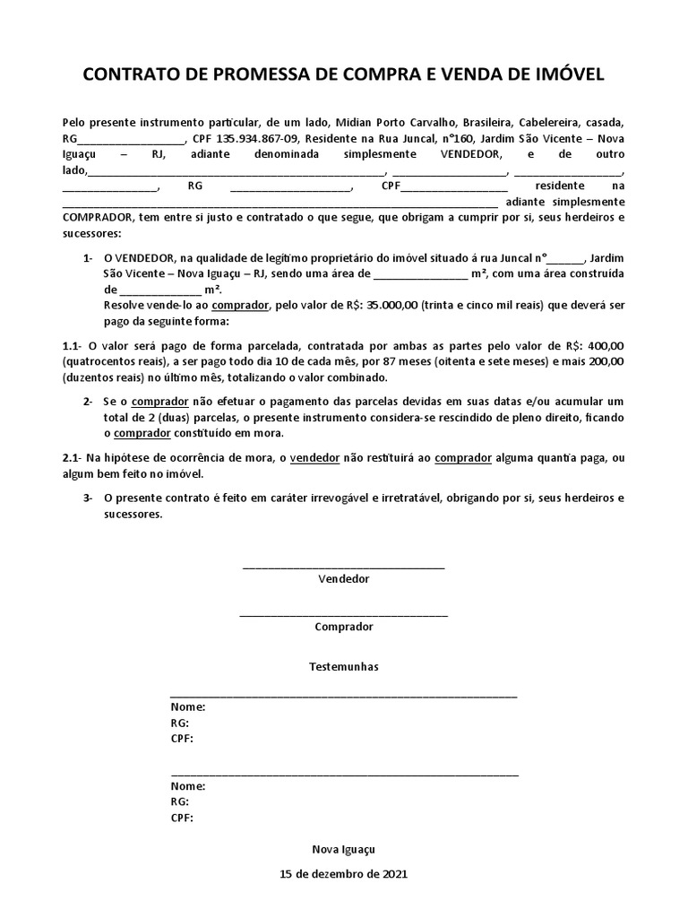 Contrato de Promessa de Compra e Venda de Imóvel | PDF | Direito ...