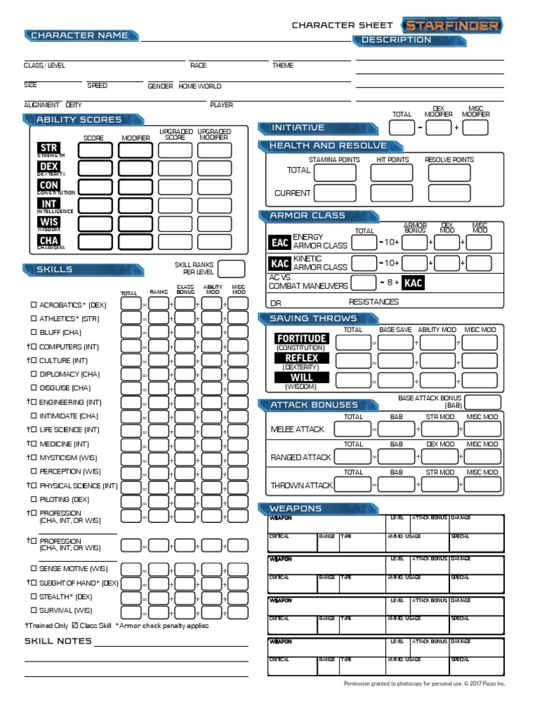 Starfinder - Character Sheet | PDF | Role Playing Games