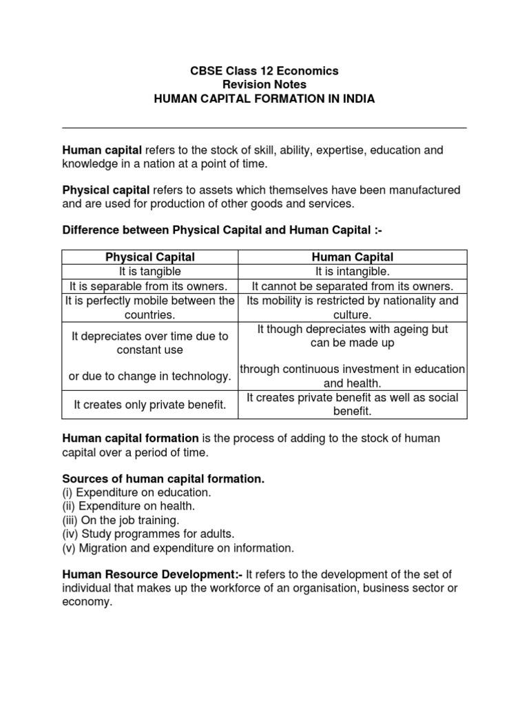 Class 12 Human Capital Formation | PDF | Human Capital | Capital ...