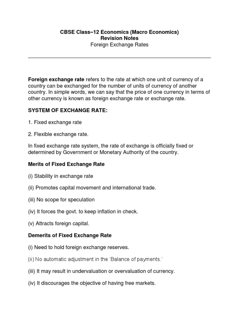 CBSE Class 12 Macro Economics: Foreign Exchange Rates Notes | PDF ...