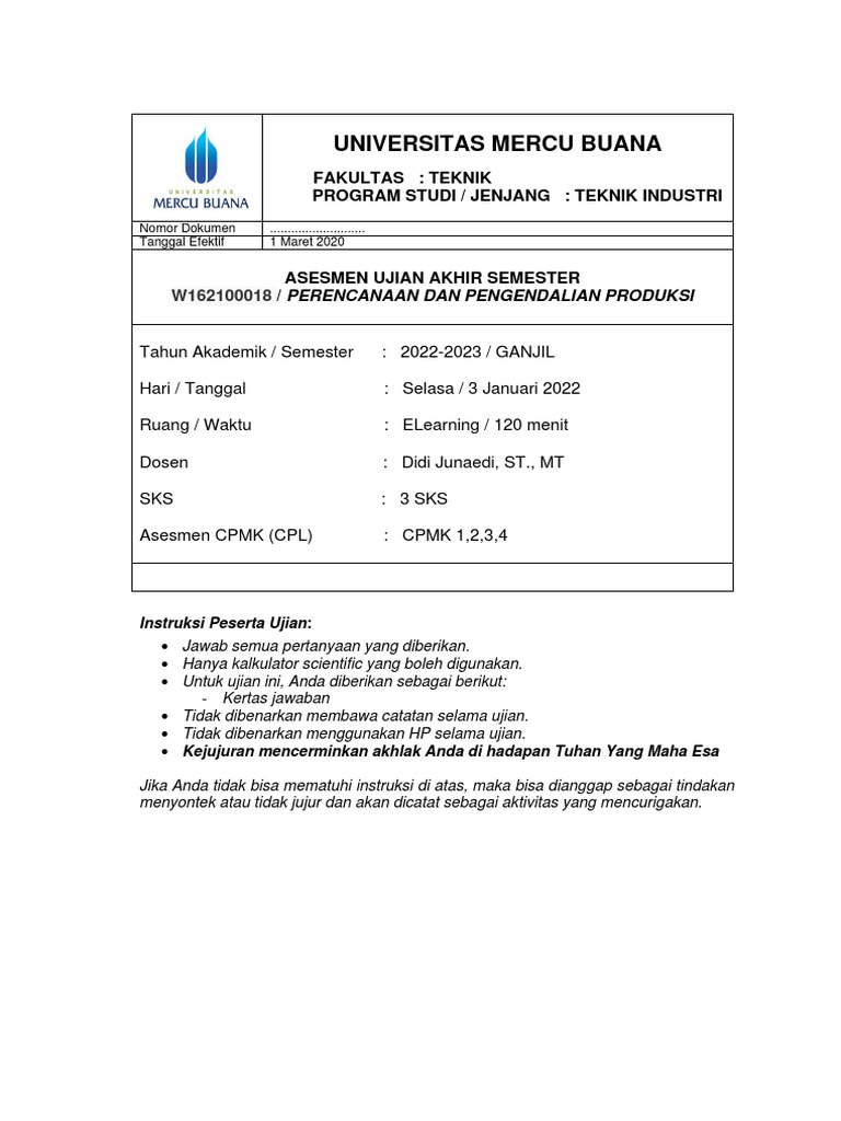 Naskah Soal UAS Matkul PP Produksi - GANJIL - 2022-2023 - Rilis - Upd | PDF