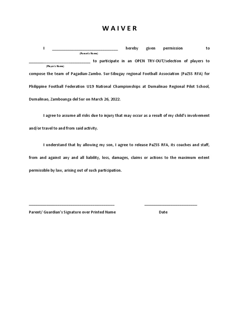 Parental Waiver for Youth Participation in Regional Football Tryouts | PDF