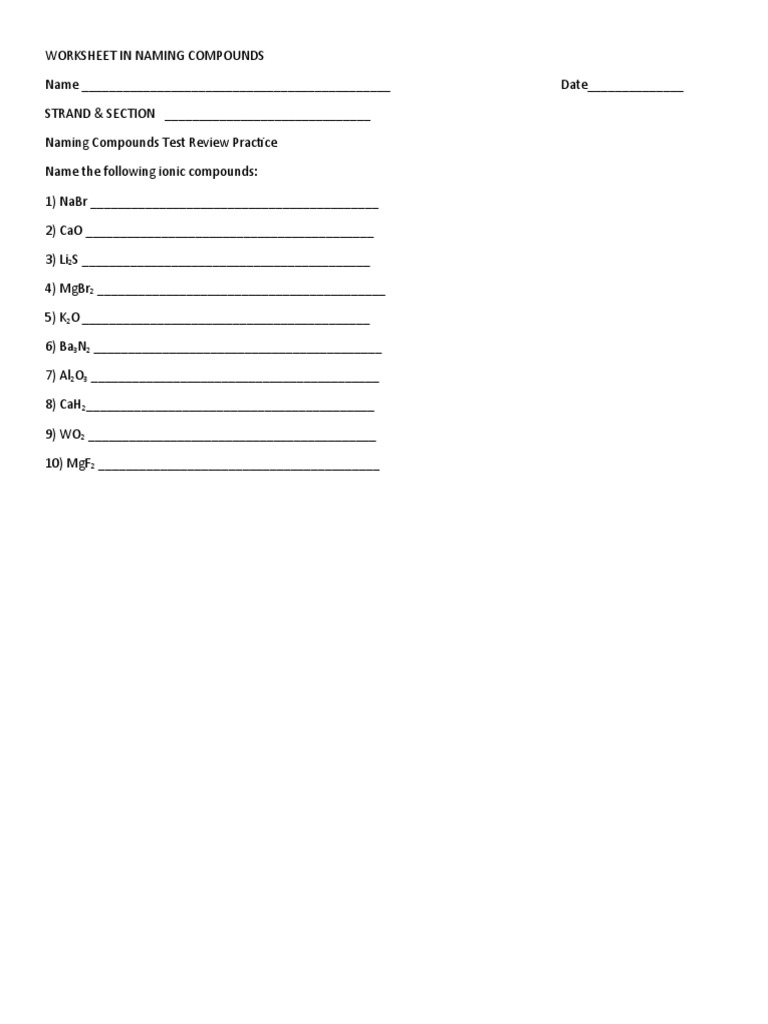 Worksheet in Naming Compounds | PDF