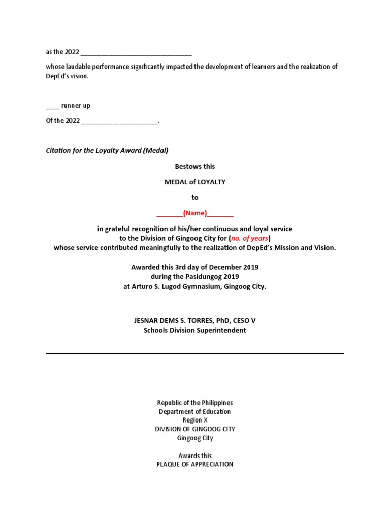 Citation For Plaque Retired Posthumous | PDF | Philippines | Government