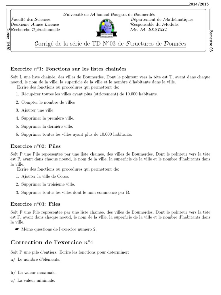 Corrigé de La Série de TD N 03 de Structures de Données | PDF ...