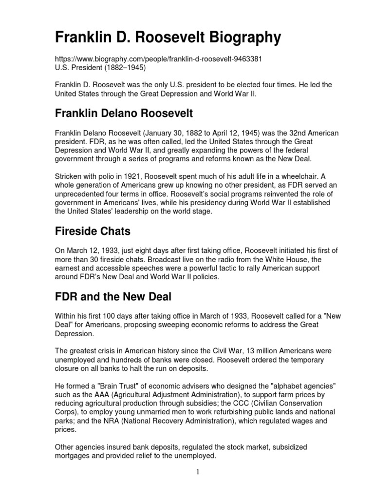 Franklin D. Roosevelt Biography | PDF | Franklin D. Roosevelt | New Deal