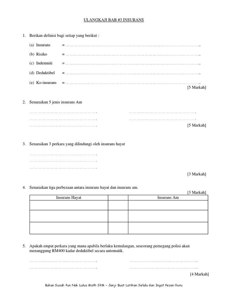 Ulangkaji Bab 3 F5 - Insurans (Soalan) | PDF