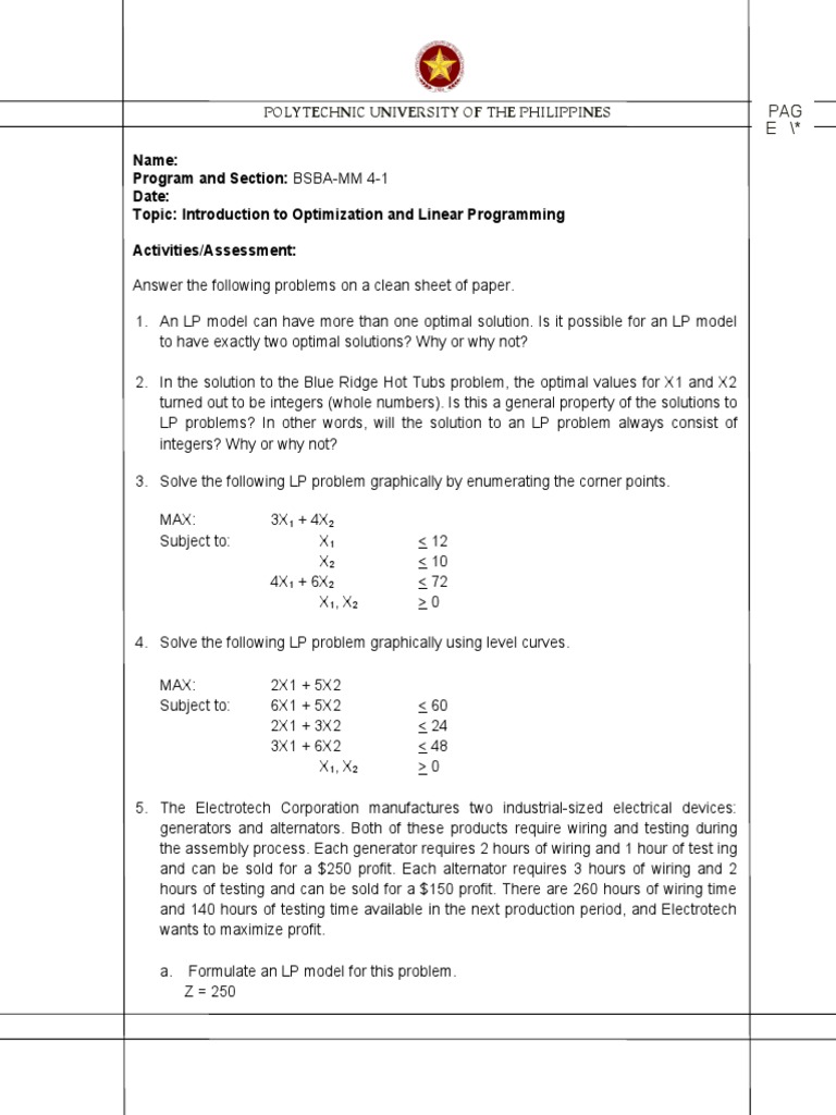 Introduction To Optimization And Linear Programming An Assignment With 10 Practice Problems