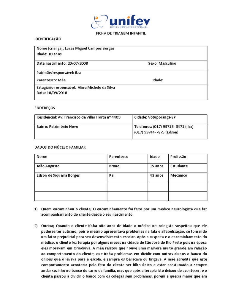 Ficha de Triagem Infantil | PDF | Autismo | Fisioterapia