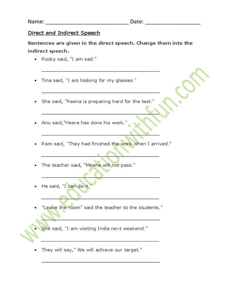 Direct and Indirect Speech Worksheet 3 | PDF