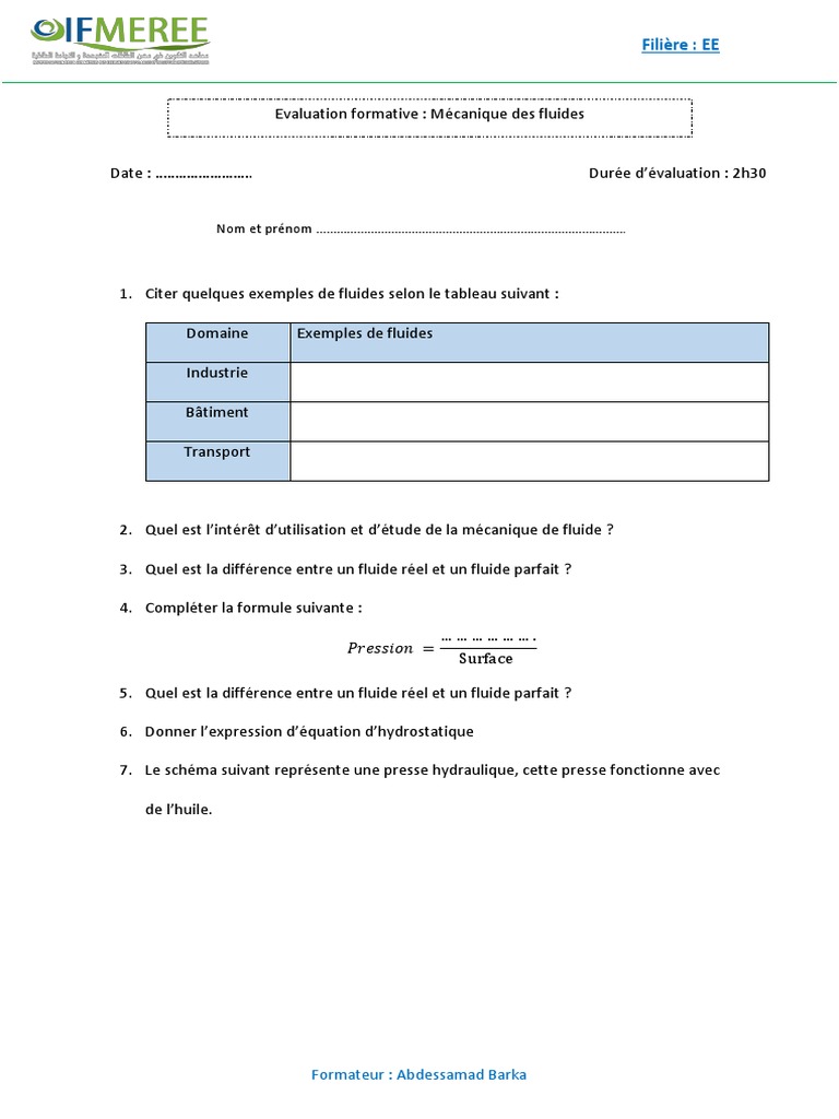 Examen Mécanique des Fluides S1 | PDF | Hydraulique | Pompe