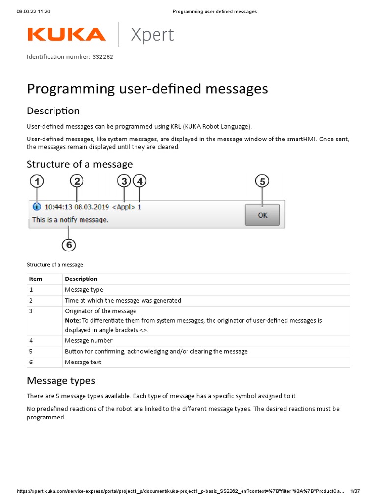 KUKA User Defined Messages | PDF | Parameter (Computer Programming) | Boolean Data Type