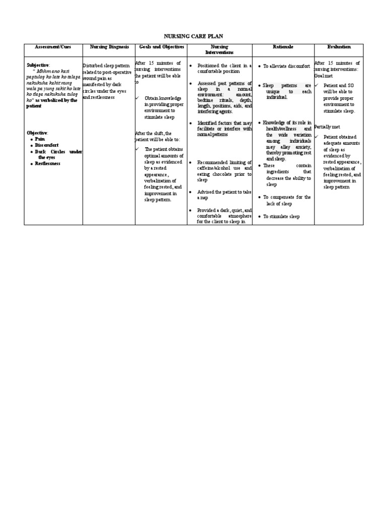 Nursing Care Plan for Sleep Disturbance | PDF | Sleep | Nursing