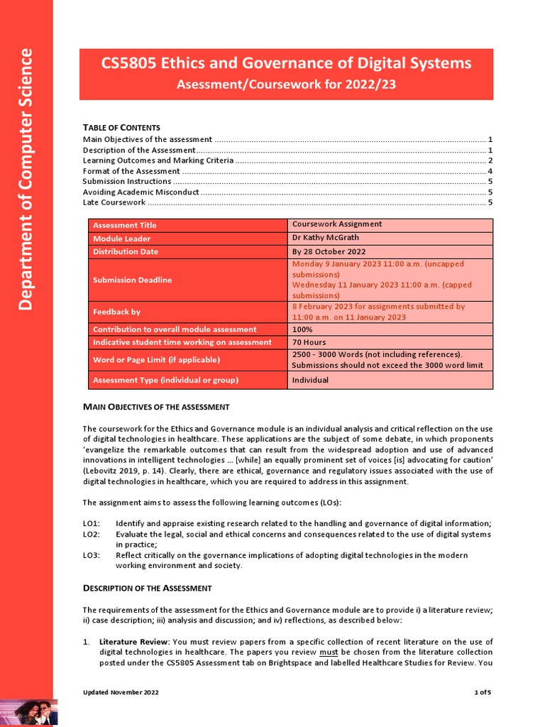CS5805 Coursework Assessment Brief 2022-23 v2 | PDF | Governance | Artificial Intelligence