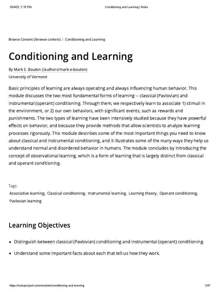 Conditioning and Learning - Noba | PDF | Classical Conditioning | Reinforcement