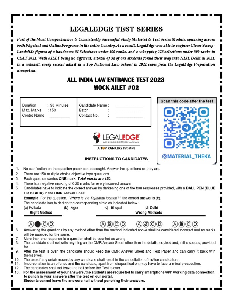 Legaledge Test Series: All India Law Entrance Test 2023 Mock Ailet #02 ...