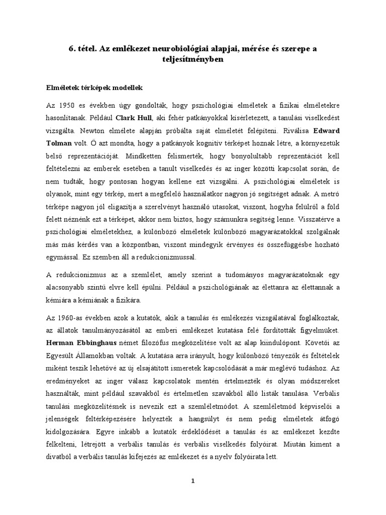 Tétel Az Emlékezet Neurobiológiai Alapjai Mérése És Szerepe A ...