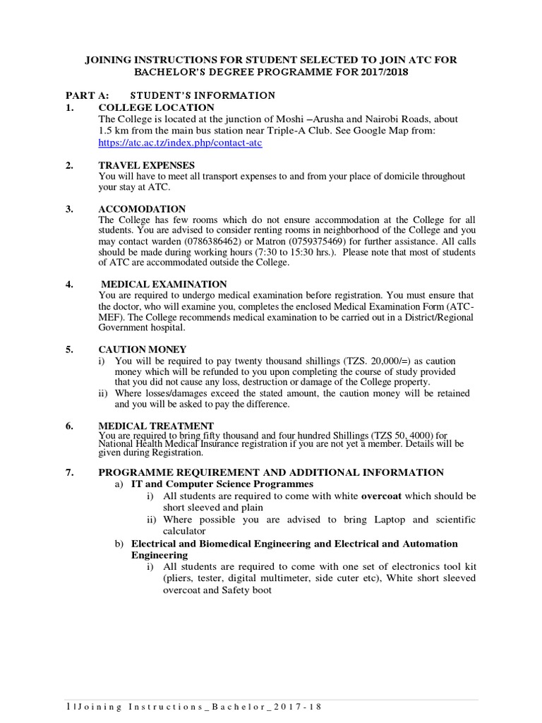 Joining Instructions Bachelor Degree | PDF | Fee | College