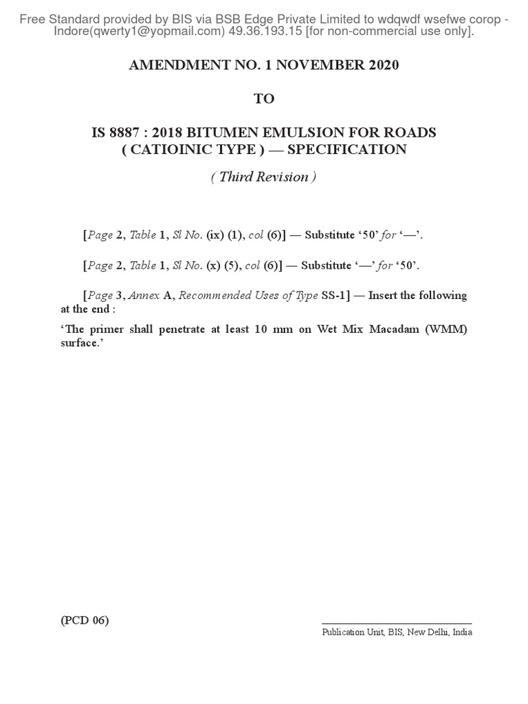 Amendment No. 1 November 2020 TO Is 8887: 2018 Bitumen Emulsion For ...