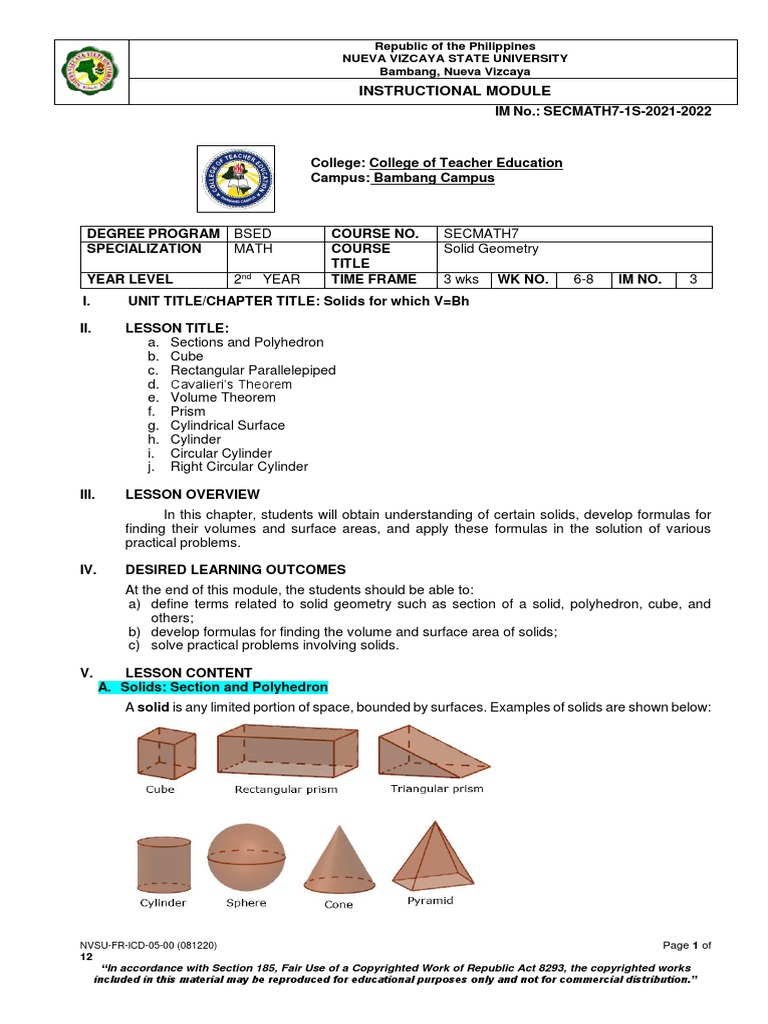 Solid Geometry Module | PDF | Area | Geometry