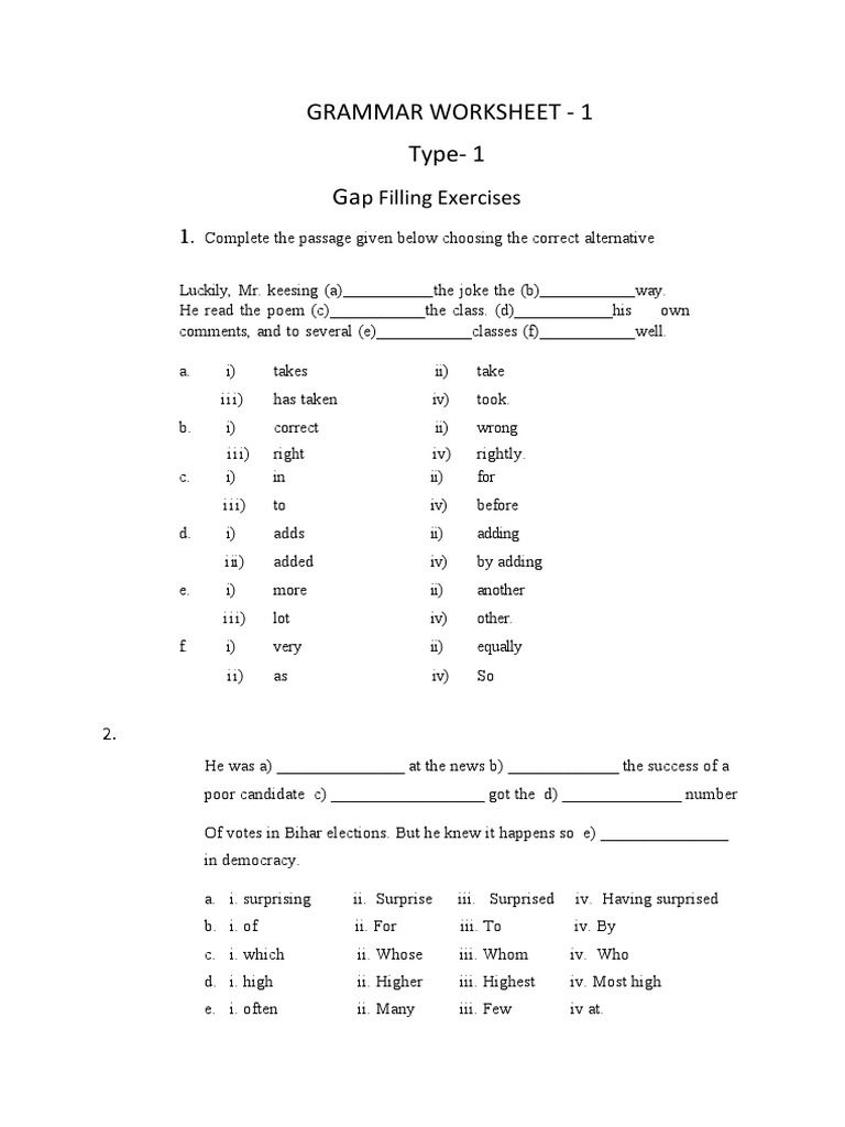 Grammar Work Sheet 1 | PDF | Tea