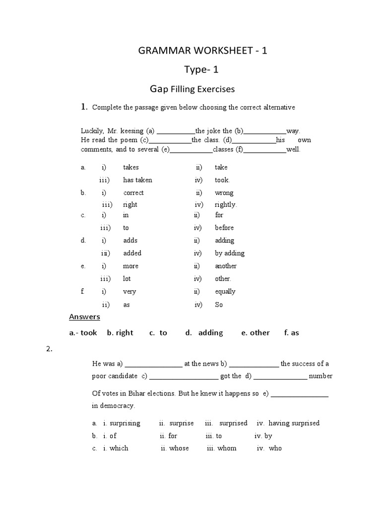 Grammar Work Sheet 1 Answers | PDF | Tea