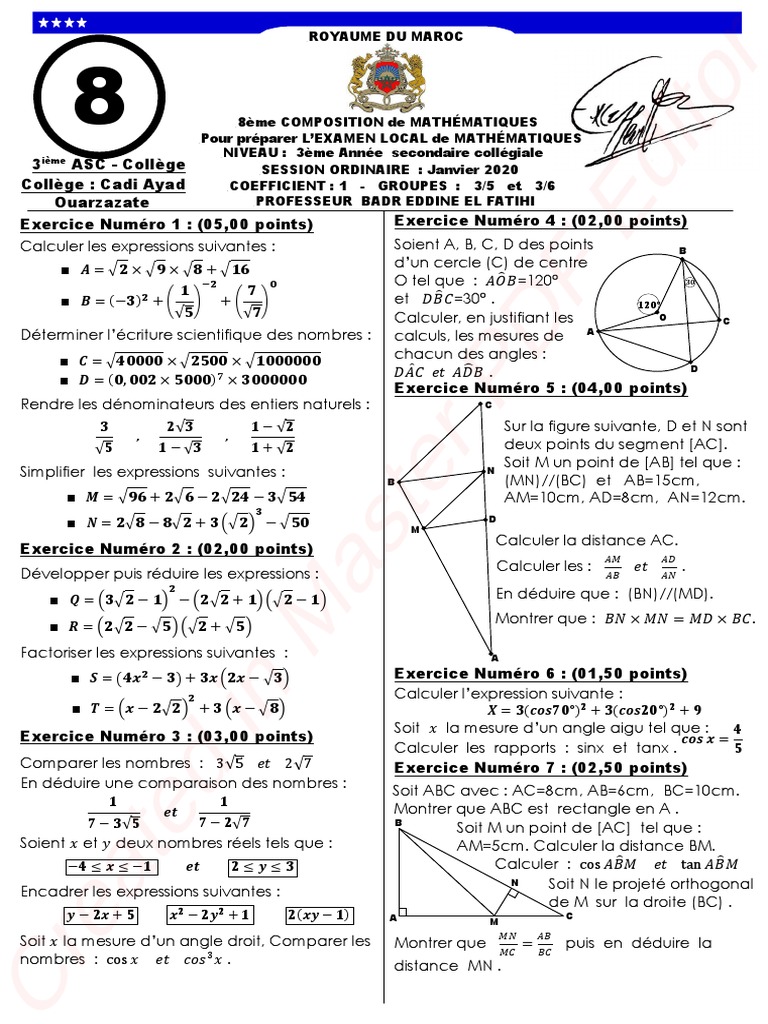 Examen Local Math 3ème Année Collège | PDF | Concepts mathématiques ...