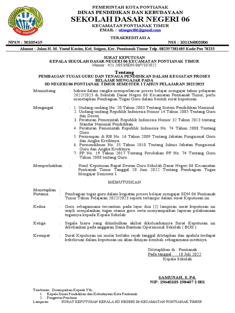SK Pembagian Tugas 2022-2023 Semester Genap | PDF