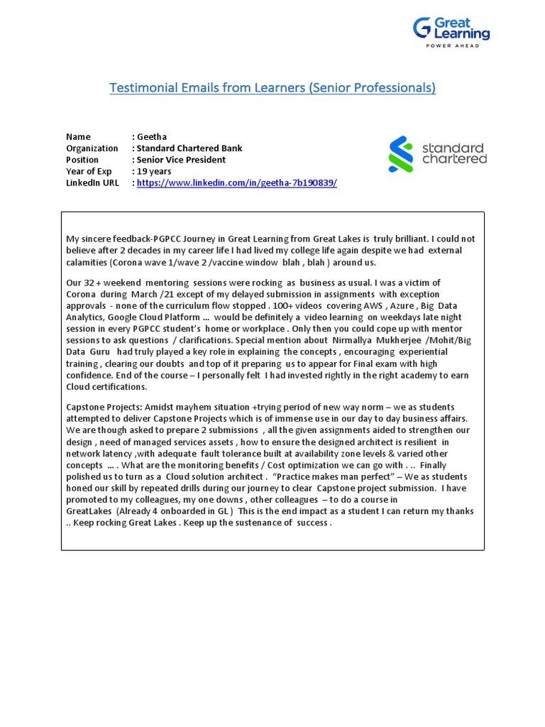 Testimonials - Senior Learners | PDF | Mentorship | Learning