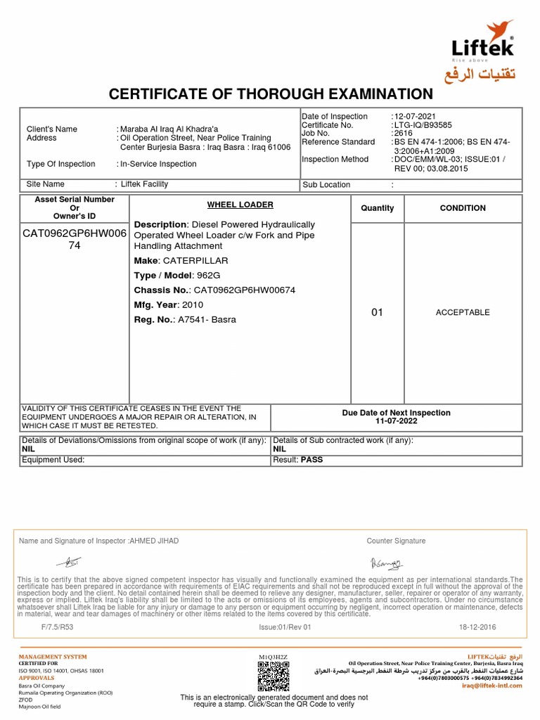 Certificate of Thorough Examination: CAT0962GP6HW006 74 | PDF | Legal Liability