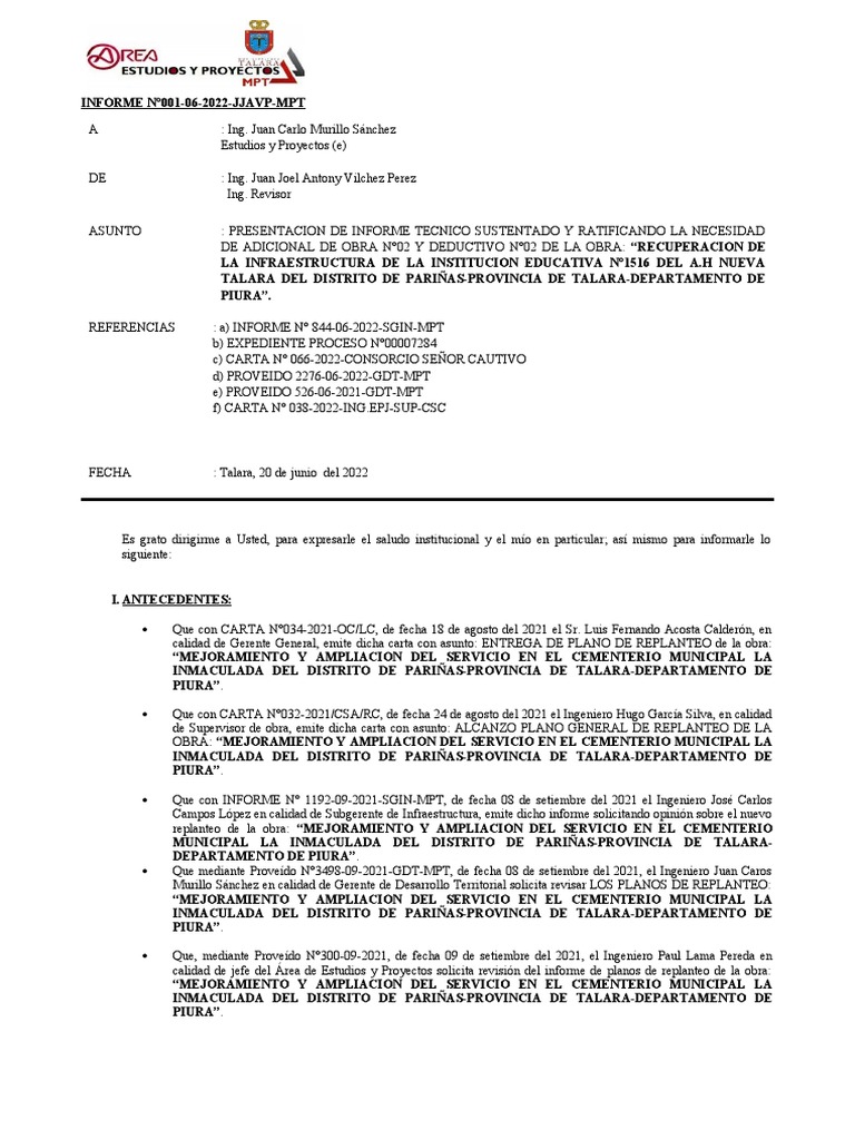 Informe N°001-06-2022-Jjavp-Mpt-Informe Tecnico de Adicional N°2 - Colegio 1516 | PDF | Business ...