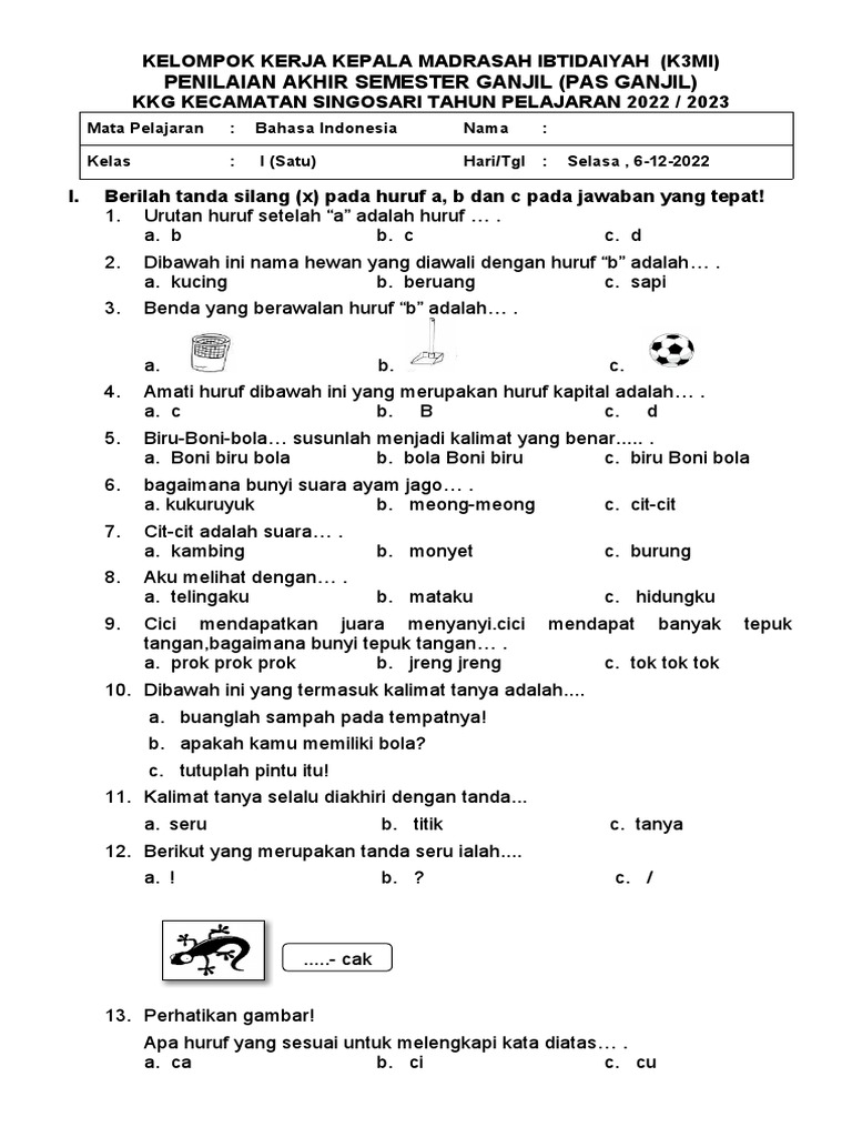 Soal B.I PAS Ganjil KLS 1 | PDF | Seni & Disiplin Bahasa | Griya & Taman