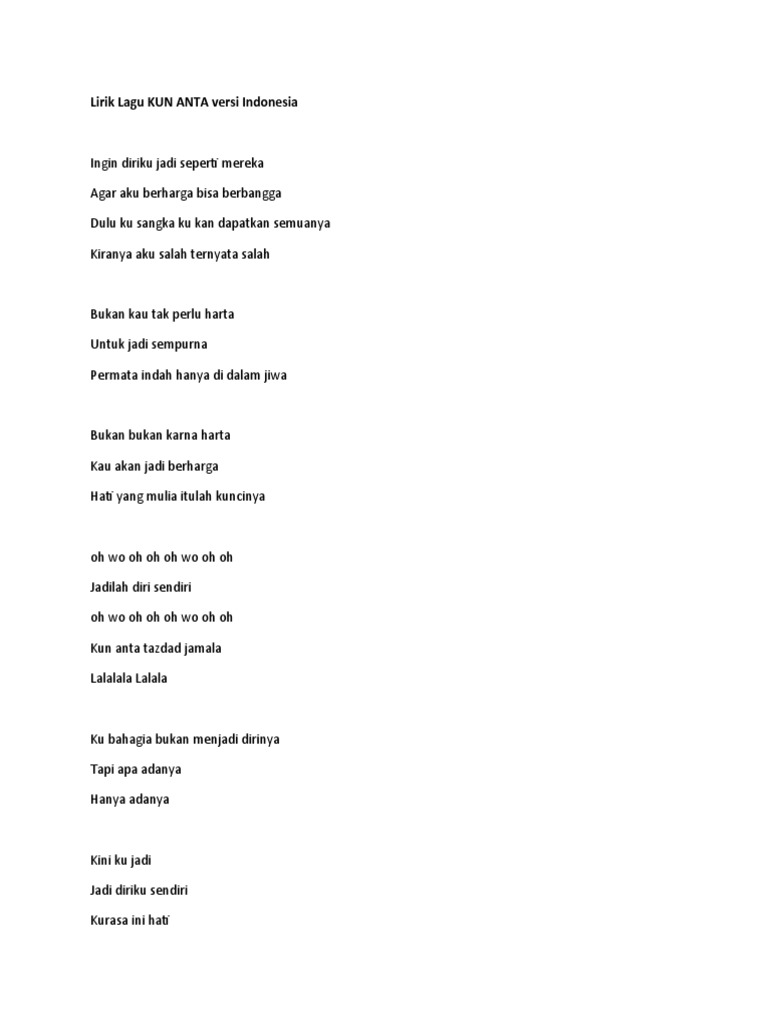 Lirik Lagu KUN ANTA Versi Indonesia | PDF