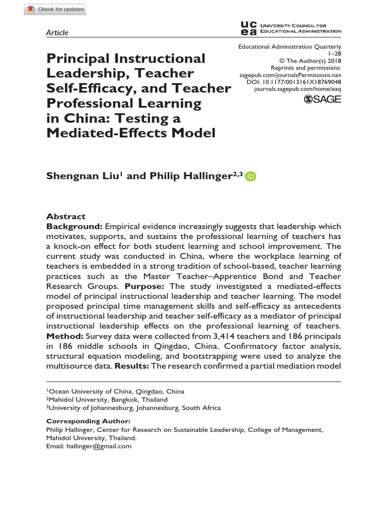 Liu & Hallinger (2018) | PDF | Structural Equation Modeling | Self Efficacy