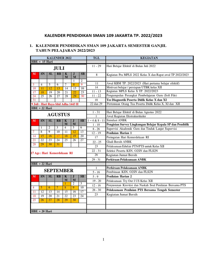 1. KALENDER AKADEMIK SMAN 109 JAKARTA SEMESTER GANJIL TAHUN PELAJARAN ...