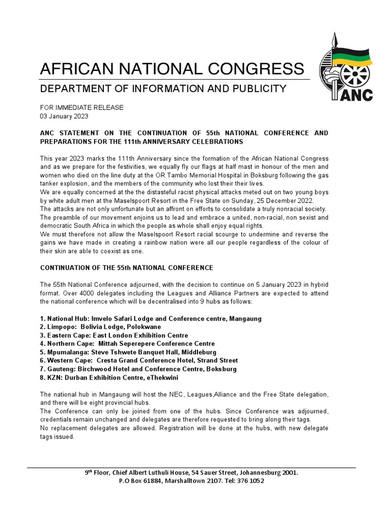 Anc Statement On The Continuation of 55th National Conference and Preparations For The 111th ...