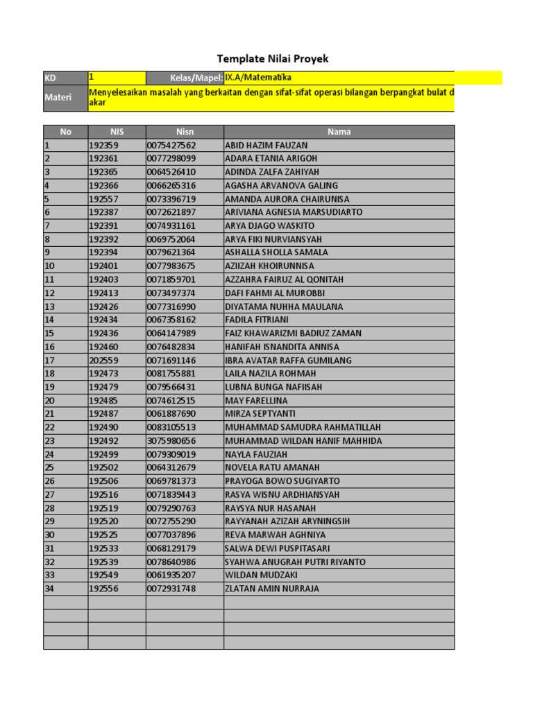 Template Nilai Proyek Matematika IX.A | PDF