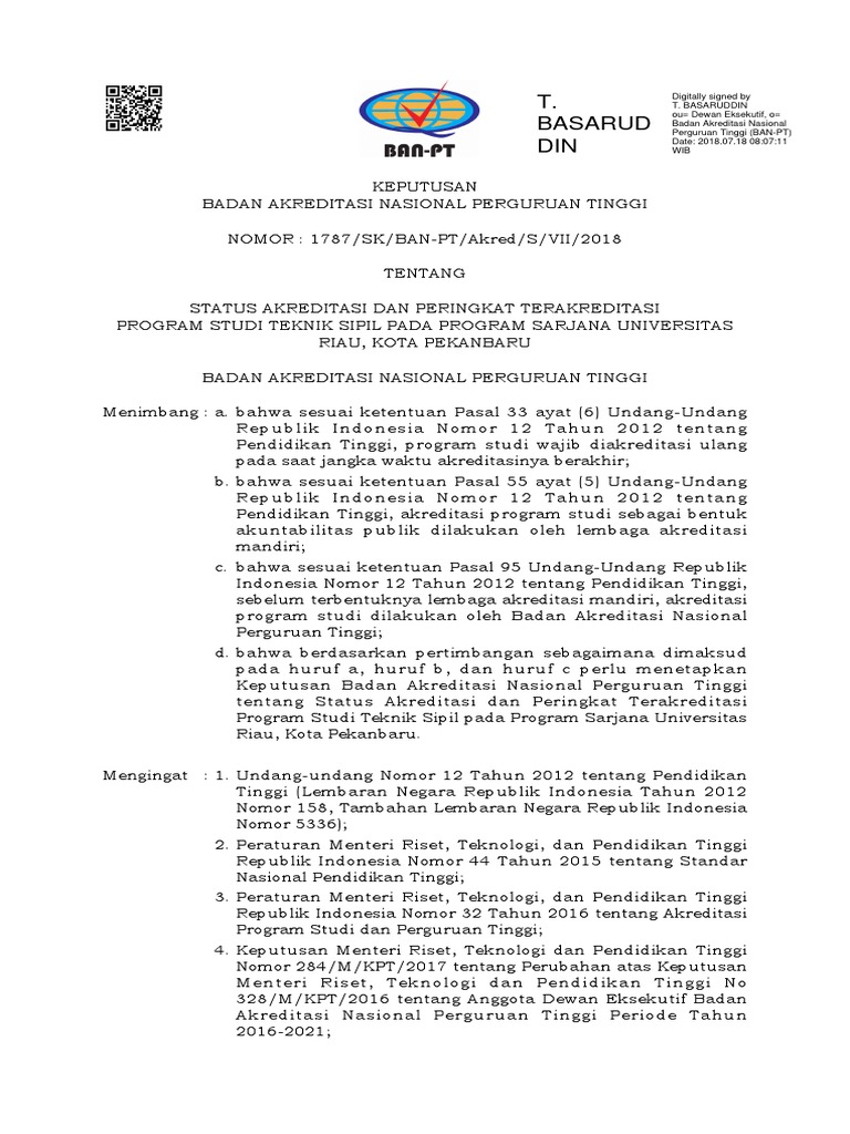 SK Akreditasi S1 Tek Sipil | PDF