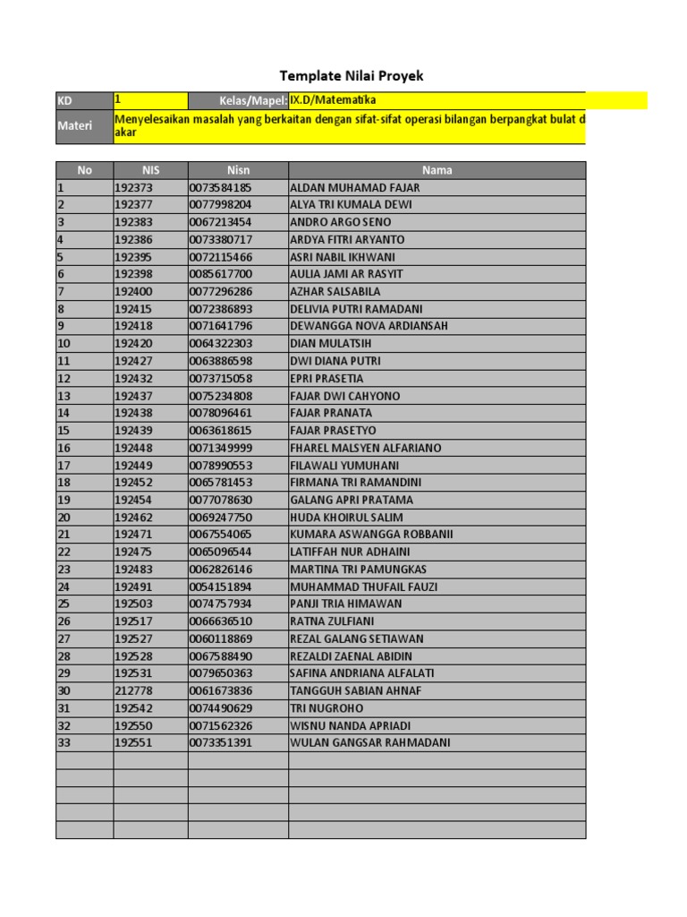 Template Nilai Proyek Matematika IX.D | PDF