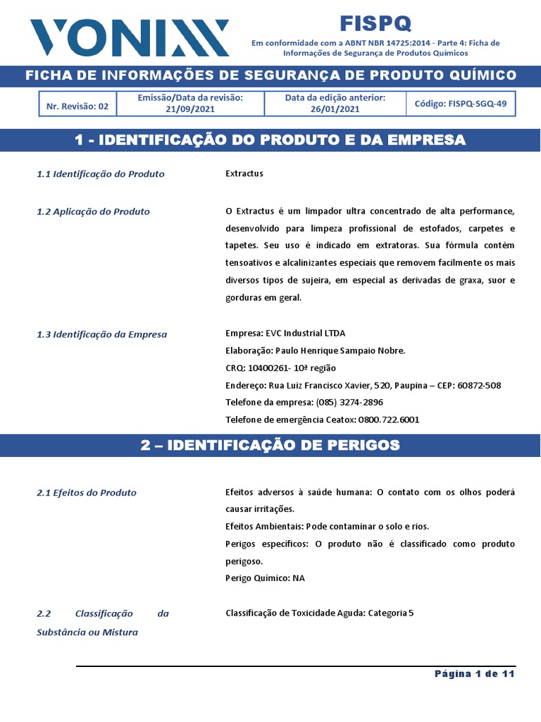 Ficha de Informações de Segurança de Produto Químico (FISPQ) para o ...