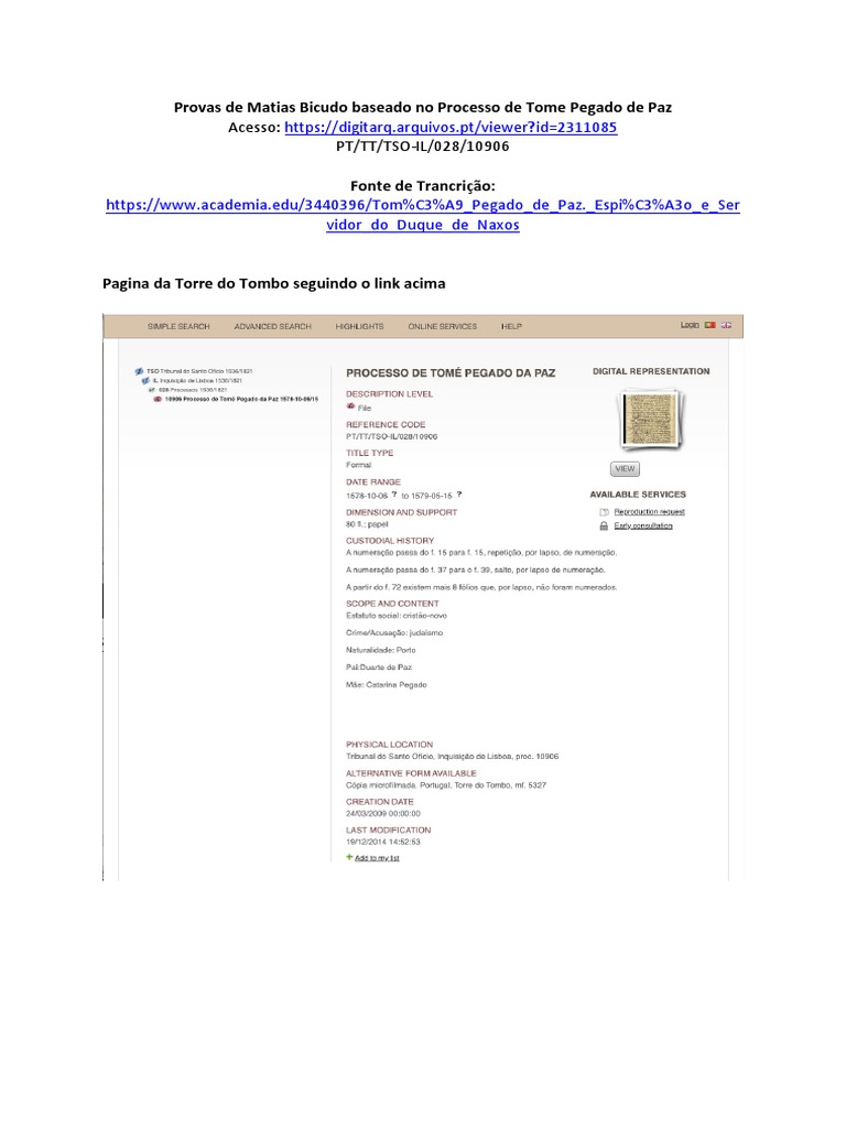 Provas de Matias Bicudo Baseado No Processo de Tome Pegado de Paz | PDF ...