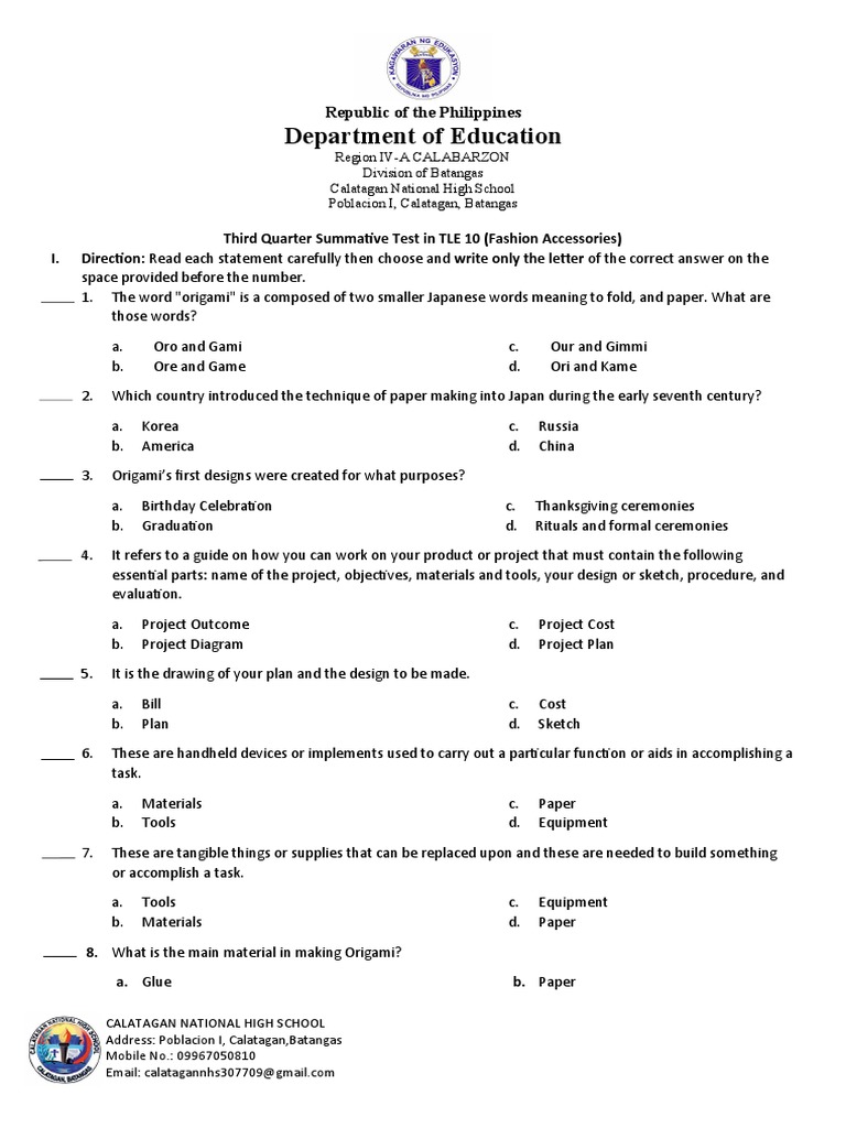 Origami Quiz for Grade 9 TLE Students | PDF | Origami