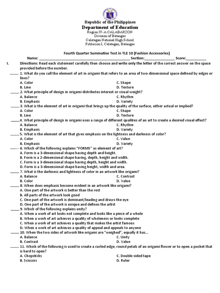 TLE 10 Quarter 4 Summative Test | PDF | Origami | Shape