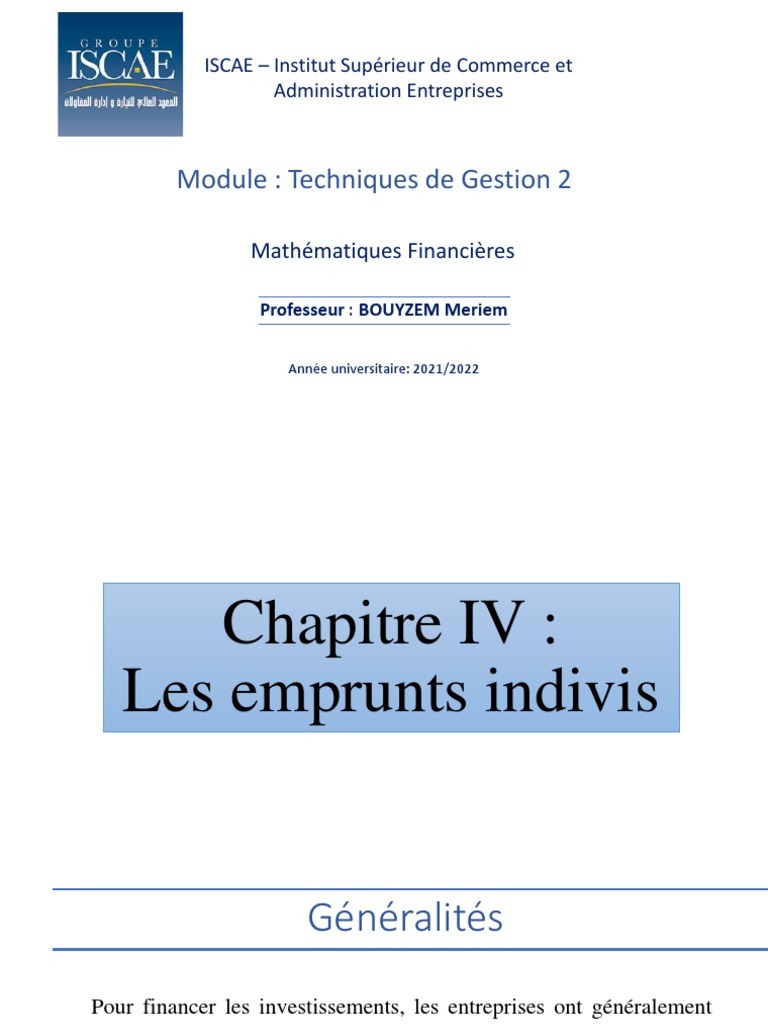 Chap 4 - Les Emprunts Indivis | PDF | Prêts | Amortissement (finance)