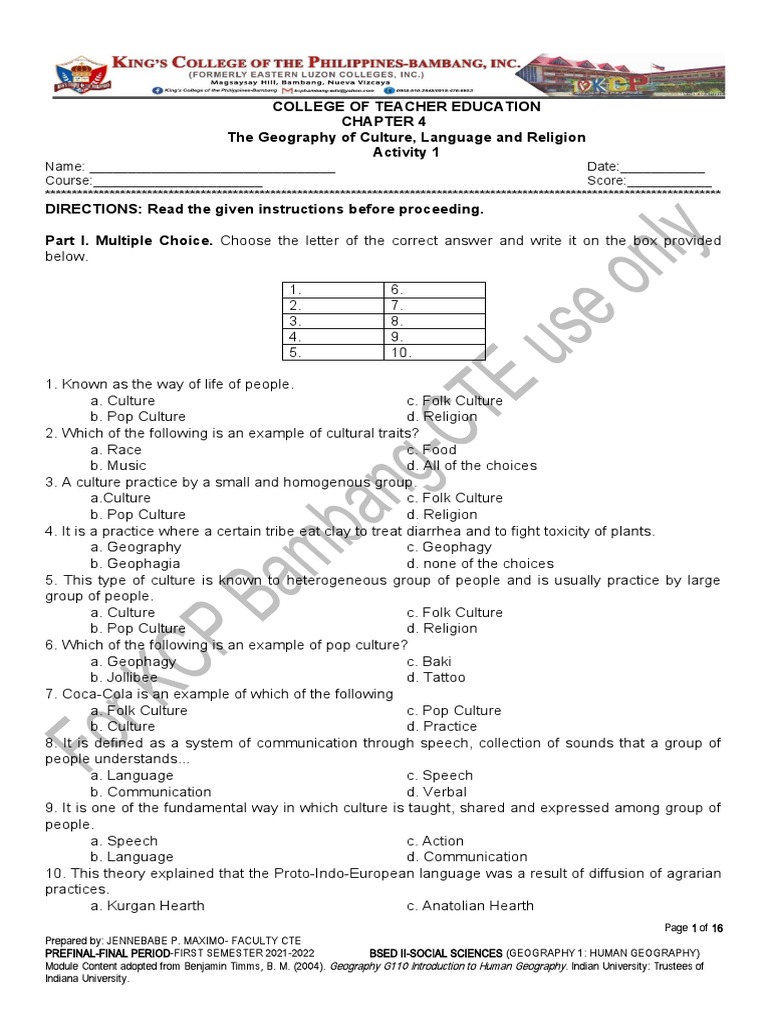 Human Geography Activities | PDF | Farms | Agriculture