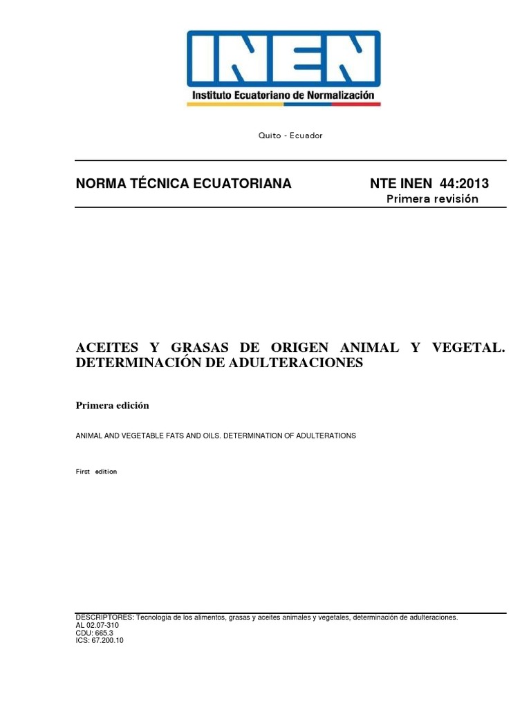 Nte Inen 44. Aceites y Grasas de Origen Animal y Vegetal. Determinación ...
