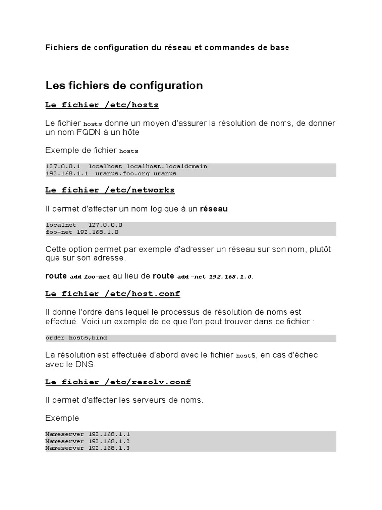 Fichiers de Configuration Du Réseau Et Commandes de Base | PDF | Routage | Système de noms de ...
