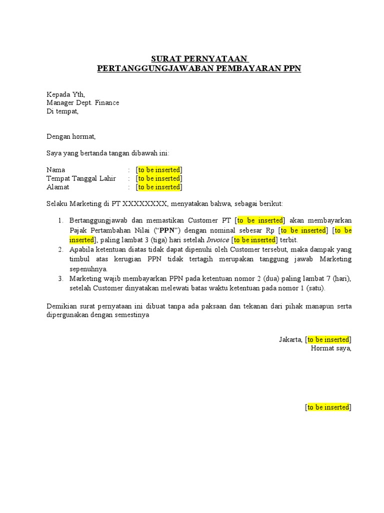Surat Pernyataan Pembayaran PPN | PDF