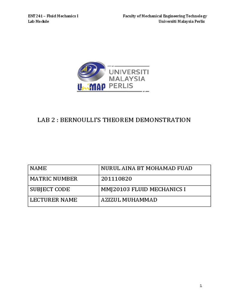 Lab 2 Fluid Bernoulli's Theorem Demonstration | PDF | Pressure | Fluid Dynamics