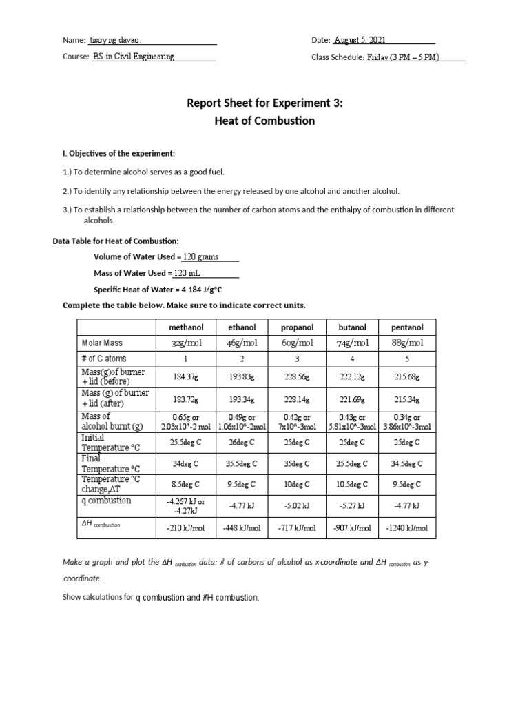 Heat of Combustion Experiment | PDF | Ethanol | Combustion